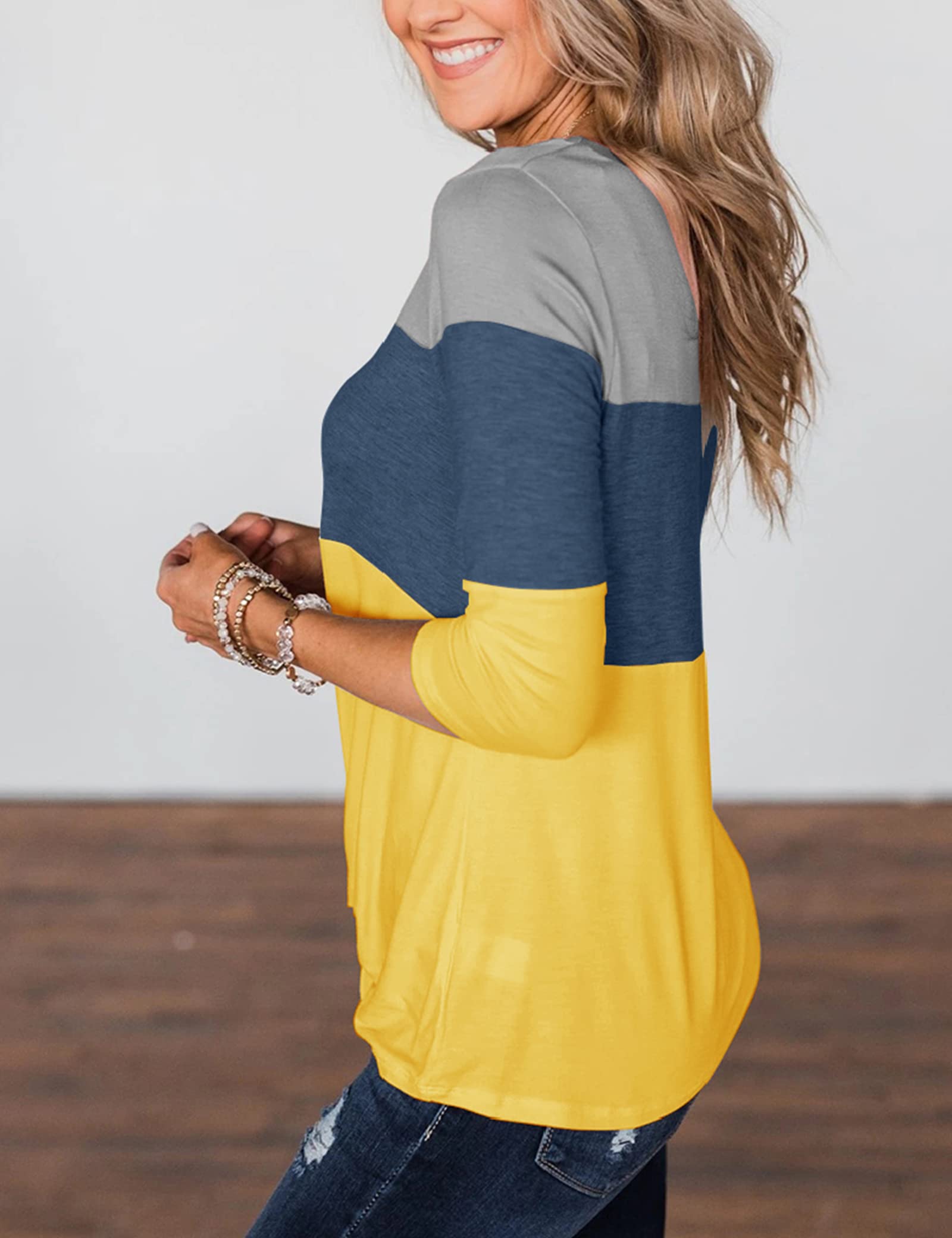 Minthunter Women's Half Sleeve T Shirts Casual Color Block Round Neck Spring Tops (X-Large, A-Yellow)