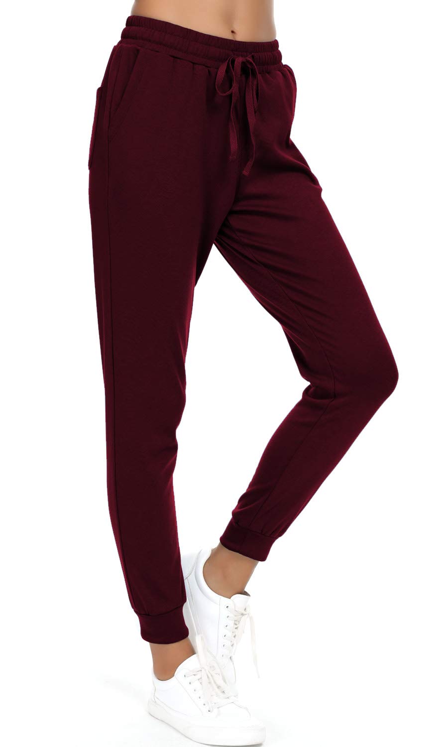 HAOMEILI Women's Active Cotton Tapered Workout Yoga Lounge Track Pockets Pants, Wine Red, X-Large