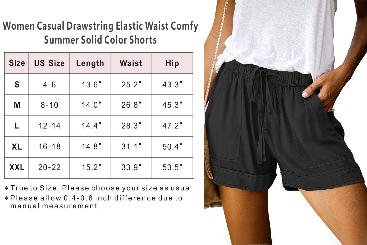 Mosucoirl Women Comfy Drawstring Casual Elastic Waist Pure Color Shorts Summer Beach Lightweight Short Pants with Pockets(A Black,X-Large)