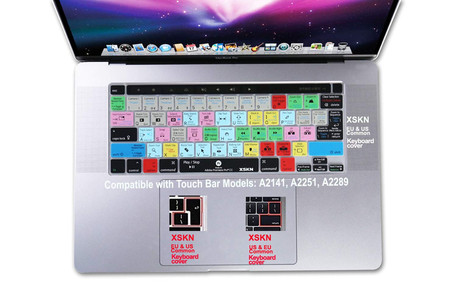 XSKN Premiere Pro Shortcuts Silicone Keyboard Cover Skin for 2019 2020 MacBook Pro 16.2 13.3 inch with Touch Bar and Touch ID A2141 A2251 A2289 A2338 M1 US&EU Version