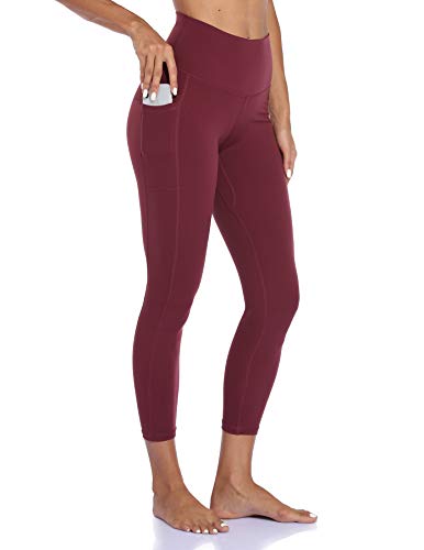 Colorfulkoala Women's High Waisted Tummy Control Workout Leggings 7/8 Length Yoga Pants with Pockets (S, Wine Red)