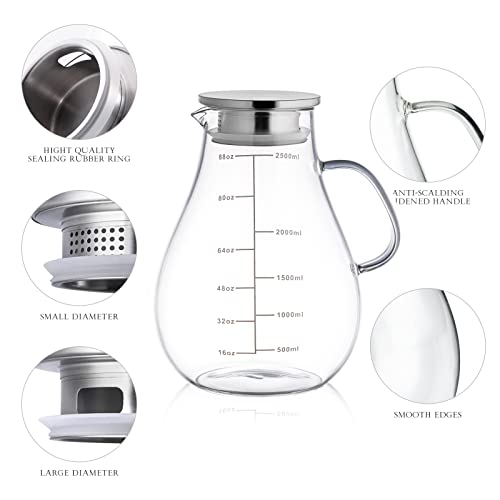 Glass Pitcher with Lid,88 Ounces -2500ml Glass Water Pitcher with Precise Scale Line, Hot/Cold Water Jug, Juice and Iced Tea Beverage Carafe with Lid