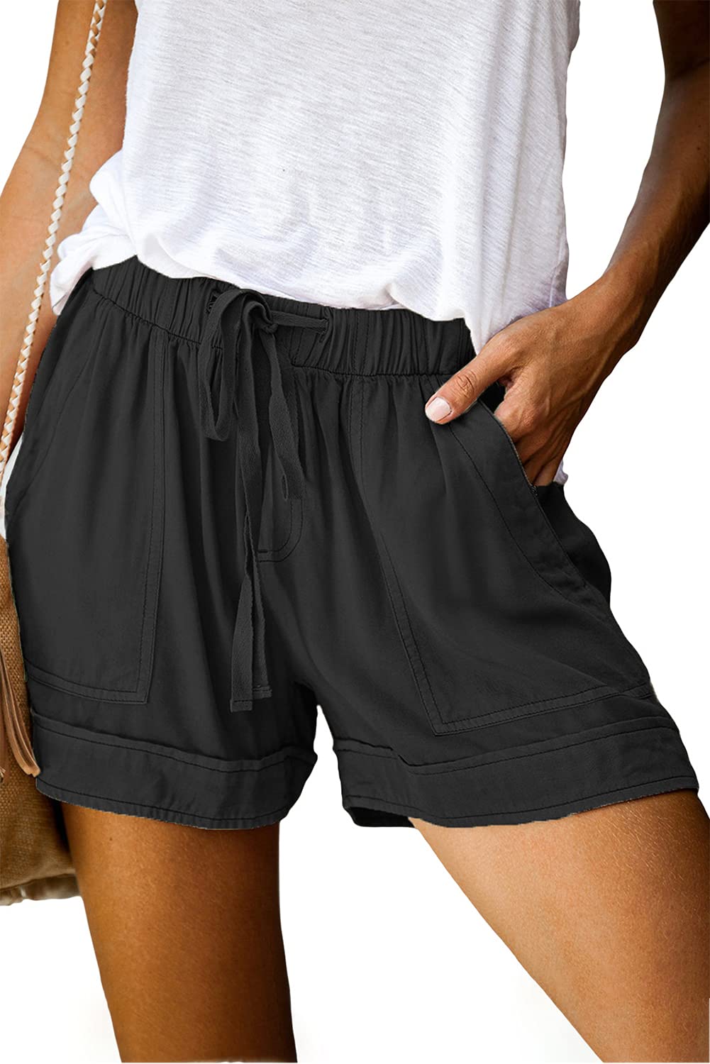 Mosucoirl Women Comfy Drawstring Casual Elastic Waist Pure Color Shorts Summer Beach Lightweight Short Pants with Pockets(A Black,X-Large)
