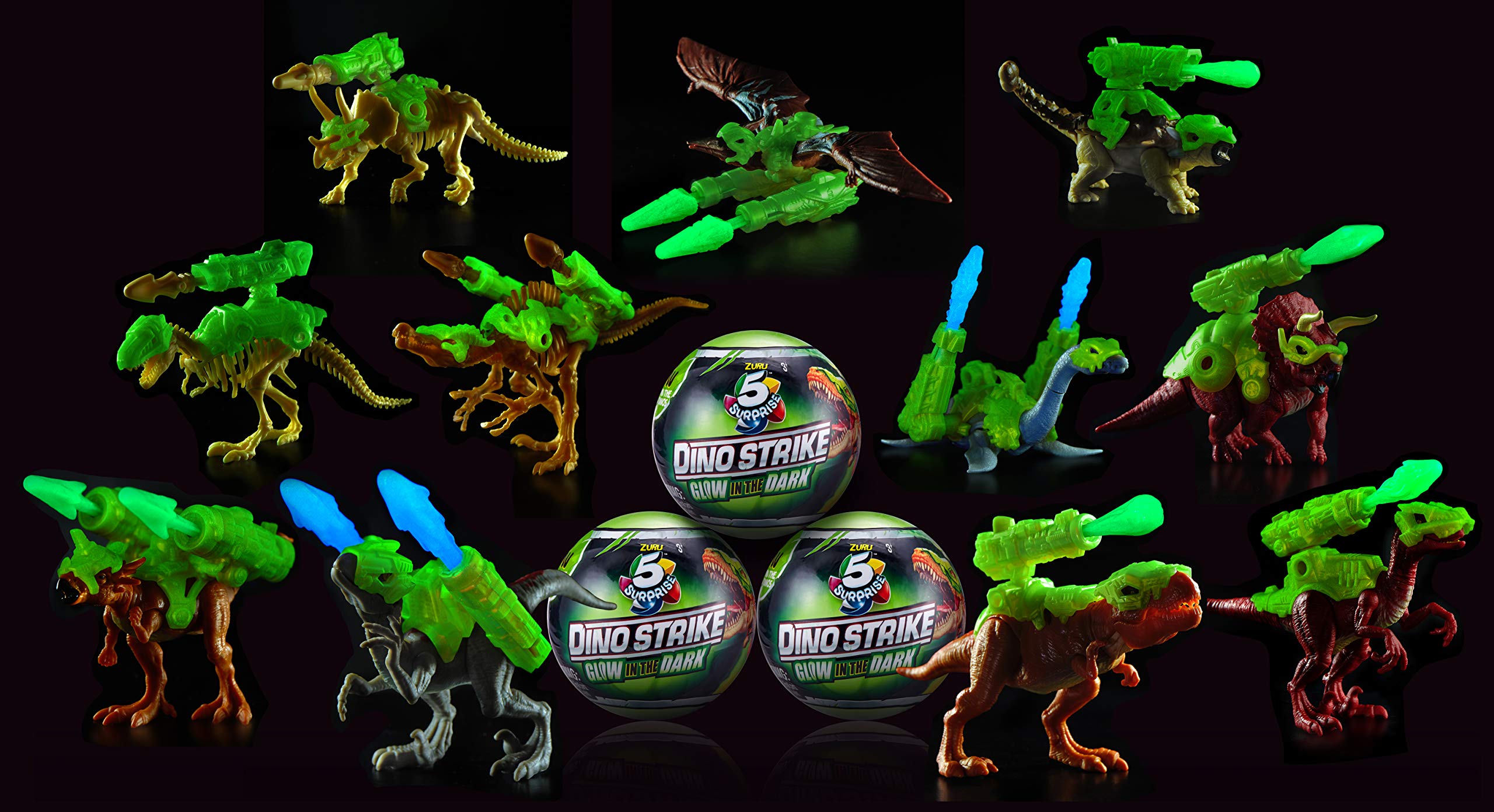 5 Surprise Dino Strike Surprise Mystery Battling Collectible Dinos by ZURU (2 Pack) Glow in The Dark,Gold
