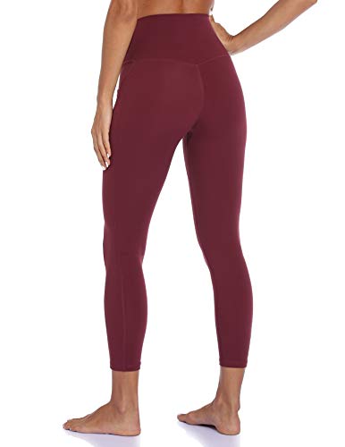 Colorfulkoala Women's High Waisted Tummy Control Workout Leggings 7/8 Length Yoga Pants with Pockets (S, Wine Red)