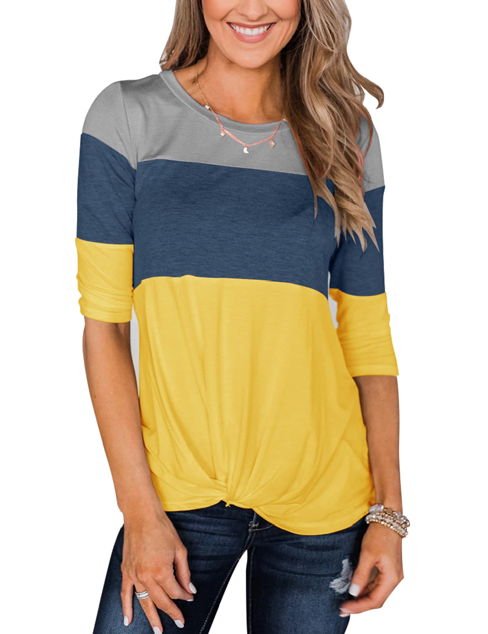 Minthunter Women's Half Sleeve T Shirts Casual Color Block Round Neck Spring Tops (X-Large, A-Yellow)