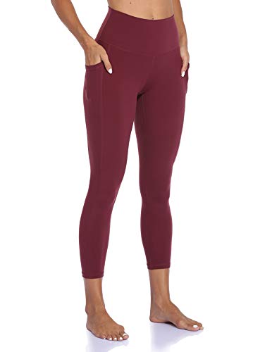 Colorfulkoala Women's High Waisted Tummy Control Workout Leggings 7/8 Length Yoga Pants with Pockets (S, Wine Red)