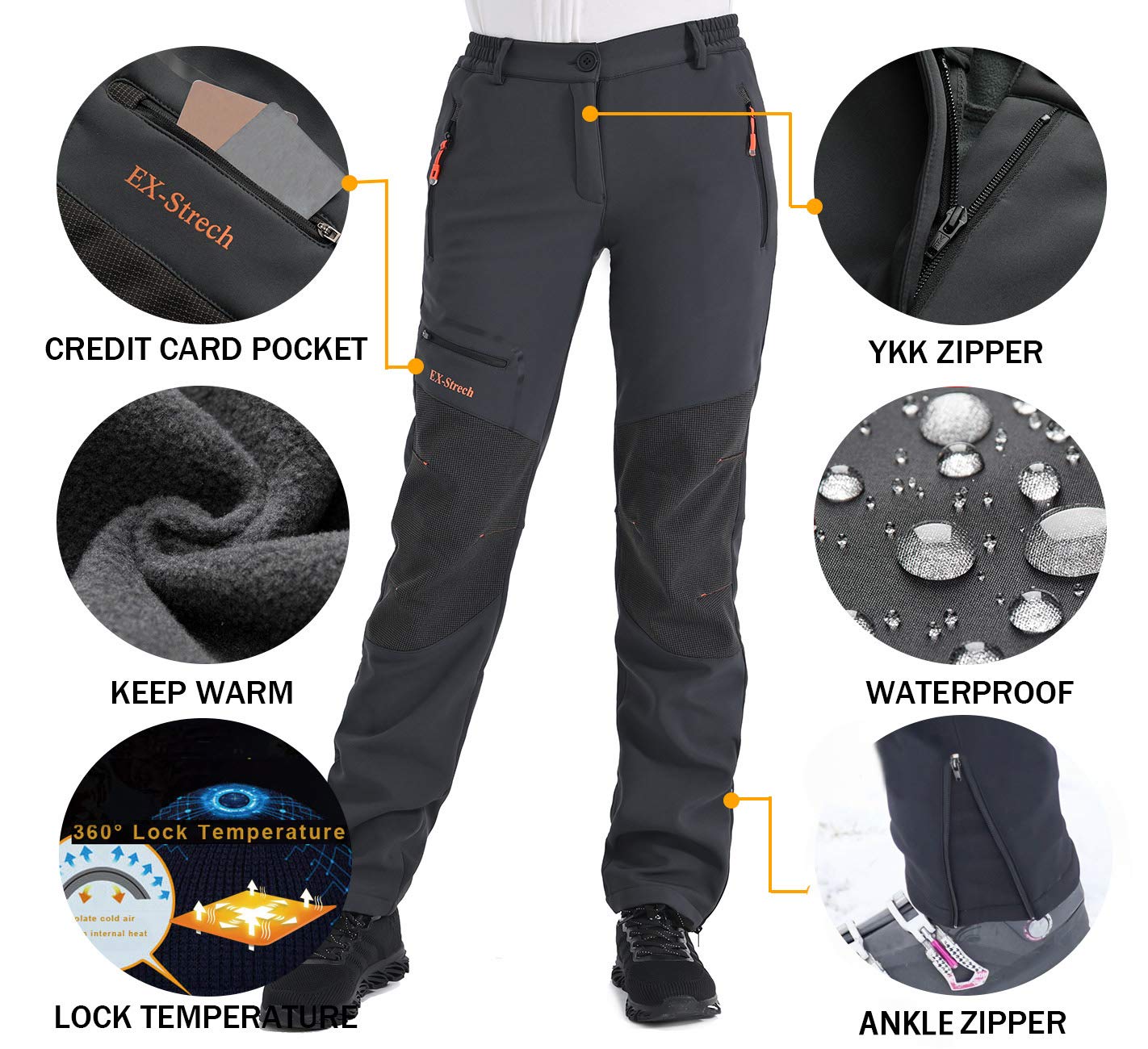 Postropaky Womens Outdoor Snow Ski Pants Waterproof Hiking Insulated Softshell Pants Snowboard Zipper Bottom Leg(Grey2S)