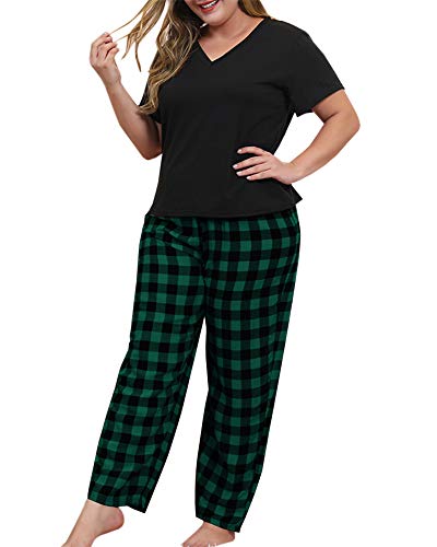 KAMONG Women Plus Size Pajamas Set Plaid Lounge Pants V-Neck Long/Short Sleeve Cotton T Shirt 2 Piece Sleepwear Green