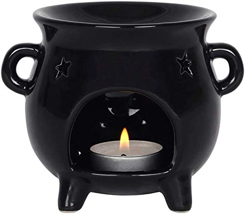 SUMMIT COLLECTION Ceramic Black Witch's Cauldron Tealight Candle Holder Oil Burner 4.75 Inches Tall Essential Oil Incense Aroma Diffuser Home Decor