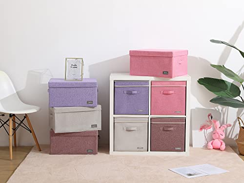 YueYue Linen Collapsible Storage Bins With Lids，Foldable Fabric Storage Bins Boxes，Storage boxes with lids Closet Bin（2 Pack Pink，13in/13in/13in