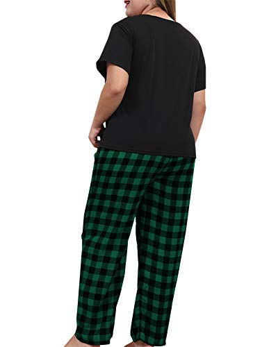 KAMONG Women Plus Size Pajamas Set Plaid Lounge Pants V-Neck Long/Short Sleeve Cotton T Shirt 2 Piece Sleepwear Green