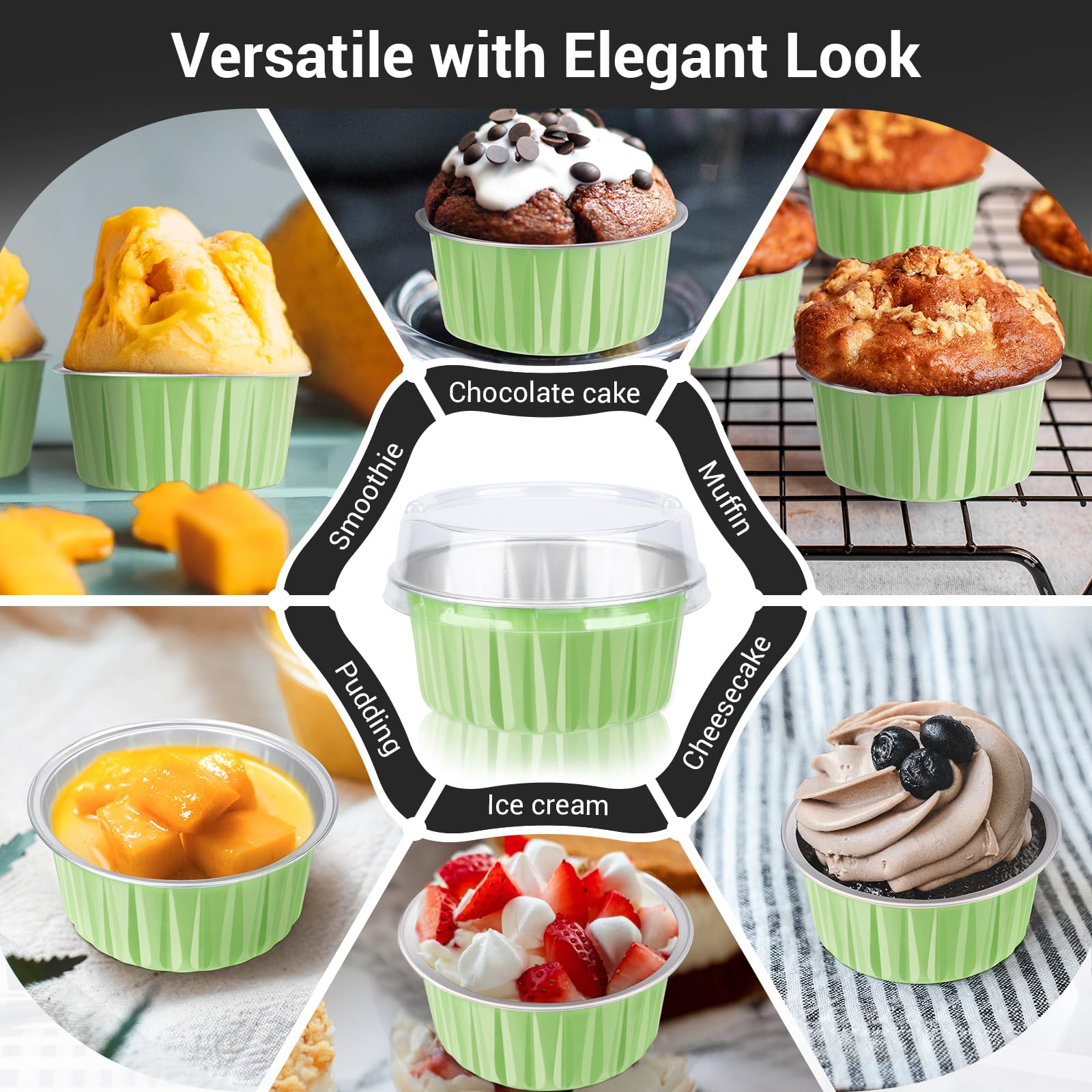 EUSOAR Muffin Liners, 50pcs 5oz 125ml Disposable Cupcake Cups, Aluminum Foil Muffin Liners Cups with Lids, Cupcake Holder, Disposable Aluminum Foil Cupcake Baking Cups Holders Ramekins Pans with Lids