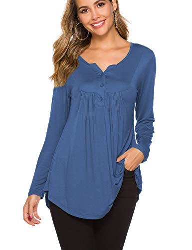 Halife Womens Long Sleeve Tops to Wear with Leggings Henley V Neck T Shirts Pleated Tunic Fall Blouse Blue L