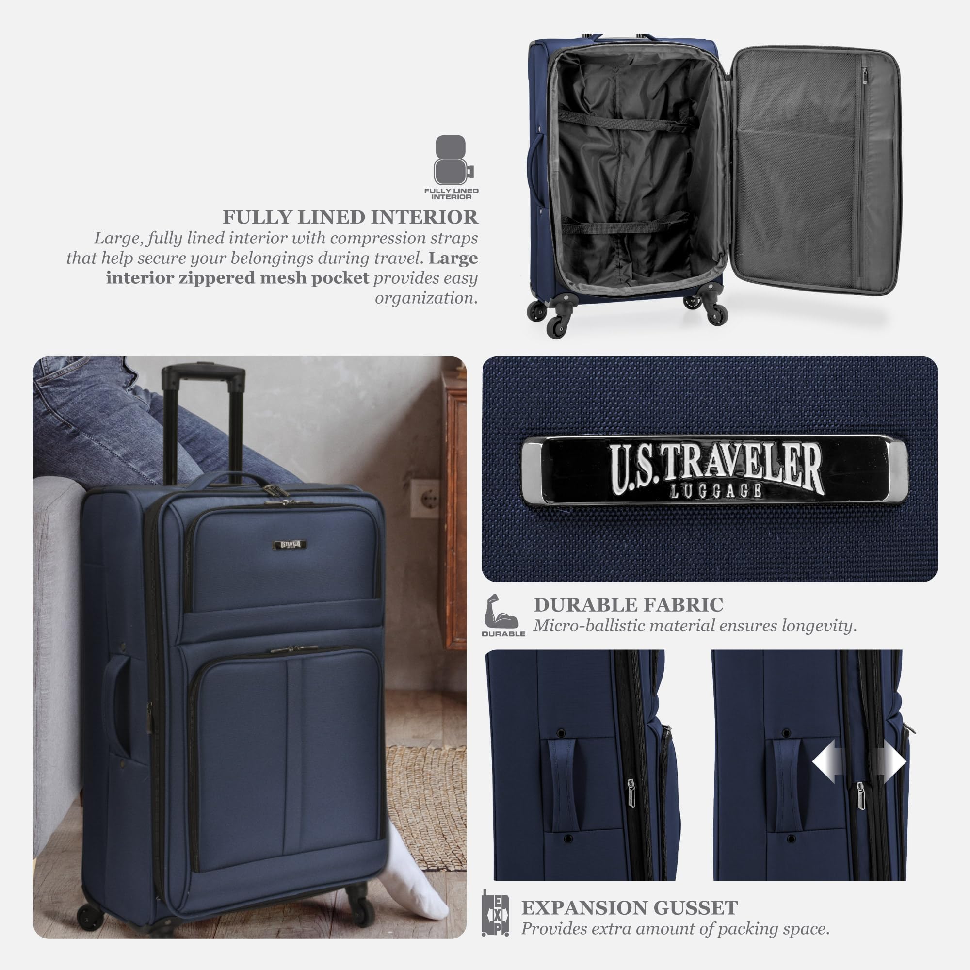 U.S. Traveler Anzio Softside Expandable Spinner Luggage, Dark Grey, Checked-Large 30-Inch