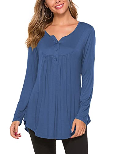 Halife Womens Long Sleeve Tops to Wear with Leggings Henley V Neck T Shirts Pleated Tunic Fall Blouse Blue L