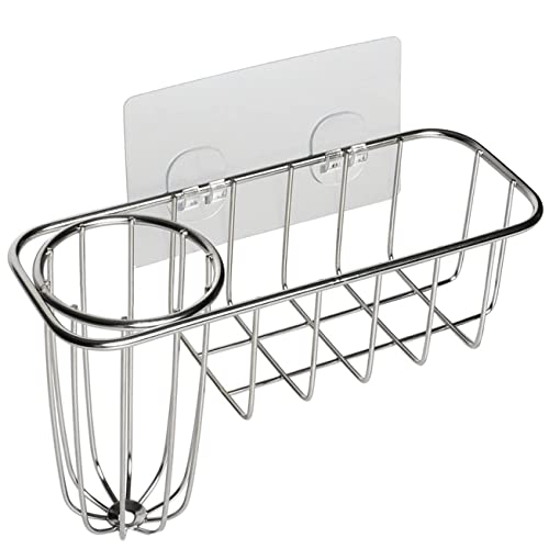 HULISEN Sponge Holder + Dish Brush Holder, 3-in-1 Kitchen Sink Caddy, 18/8 Stainless Steel Rust Proof Water Proof, Adhesive Installation No Drilling 【Not Including Sponge and Brush】