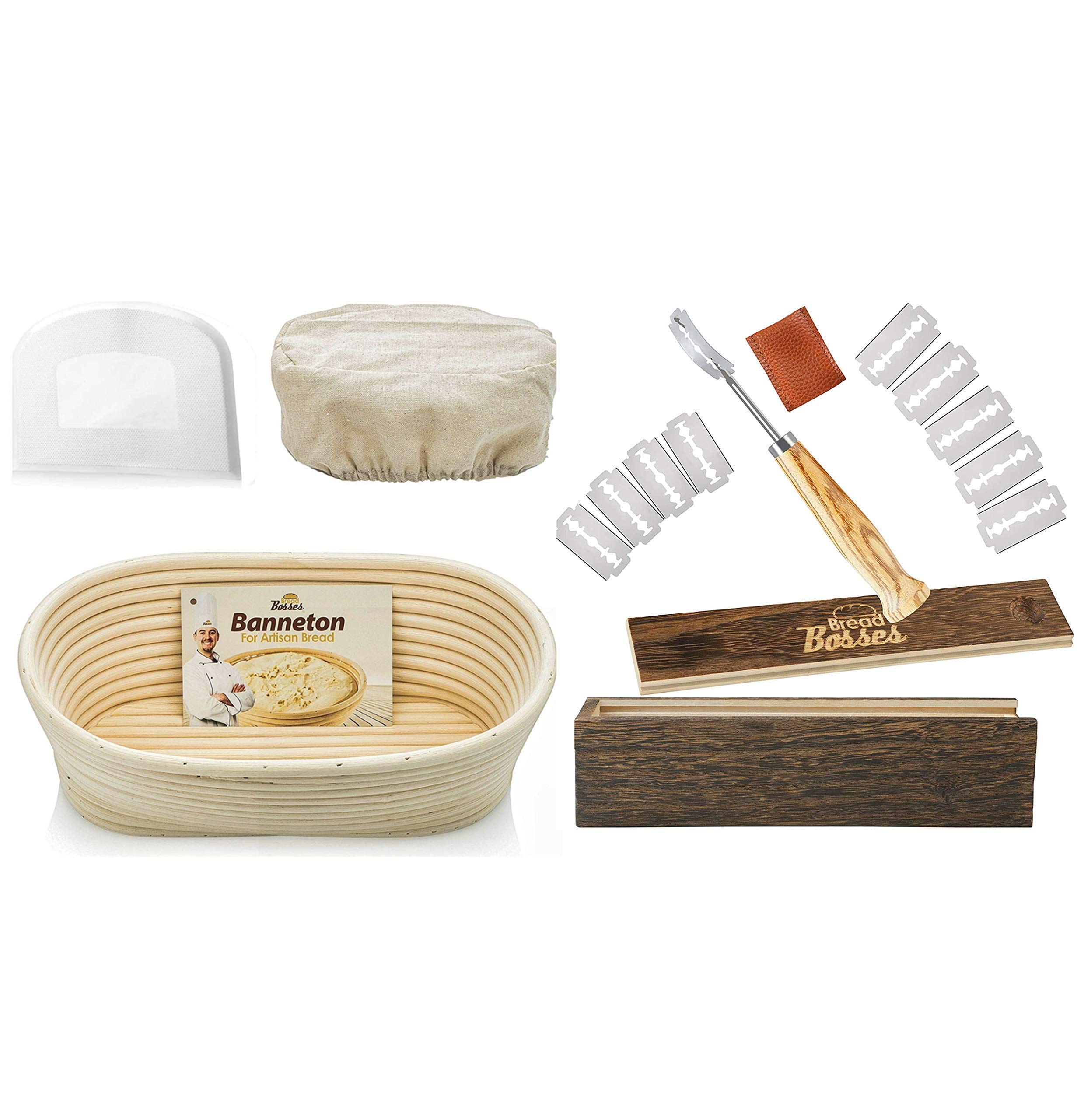 Bread Bosses Oval Bread Banneton Proofing Basket - 10 Inch Baskets and Bread Bakers Lame Slashing Tool - Great as a Gift