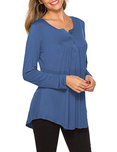Halife Womens Long Sleeve Tops to Wear with Leggings Henley V Neck T Shirts Pleated Tunic Fall Blouse Blue L