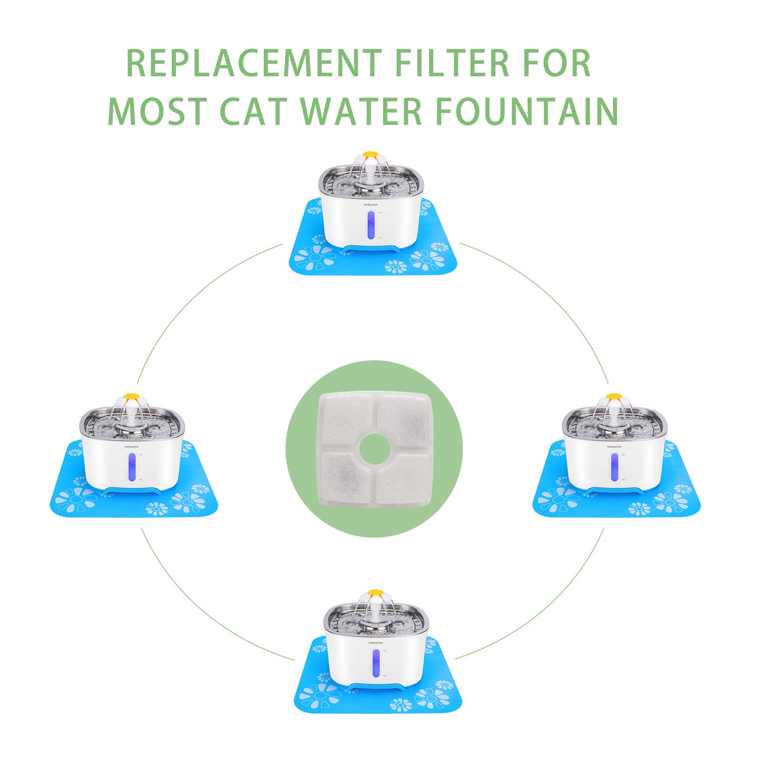 Vekonn 8-Pack Elliptical Cat Water Fountain Filters for Stainless Steel Top Pet Fountain