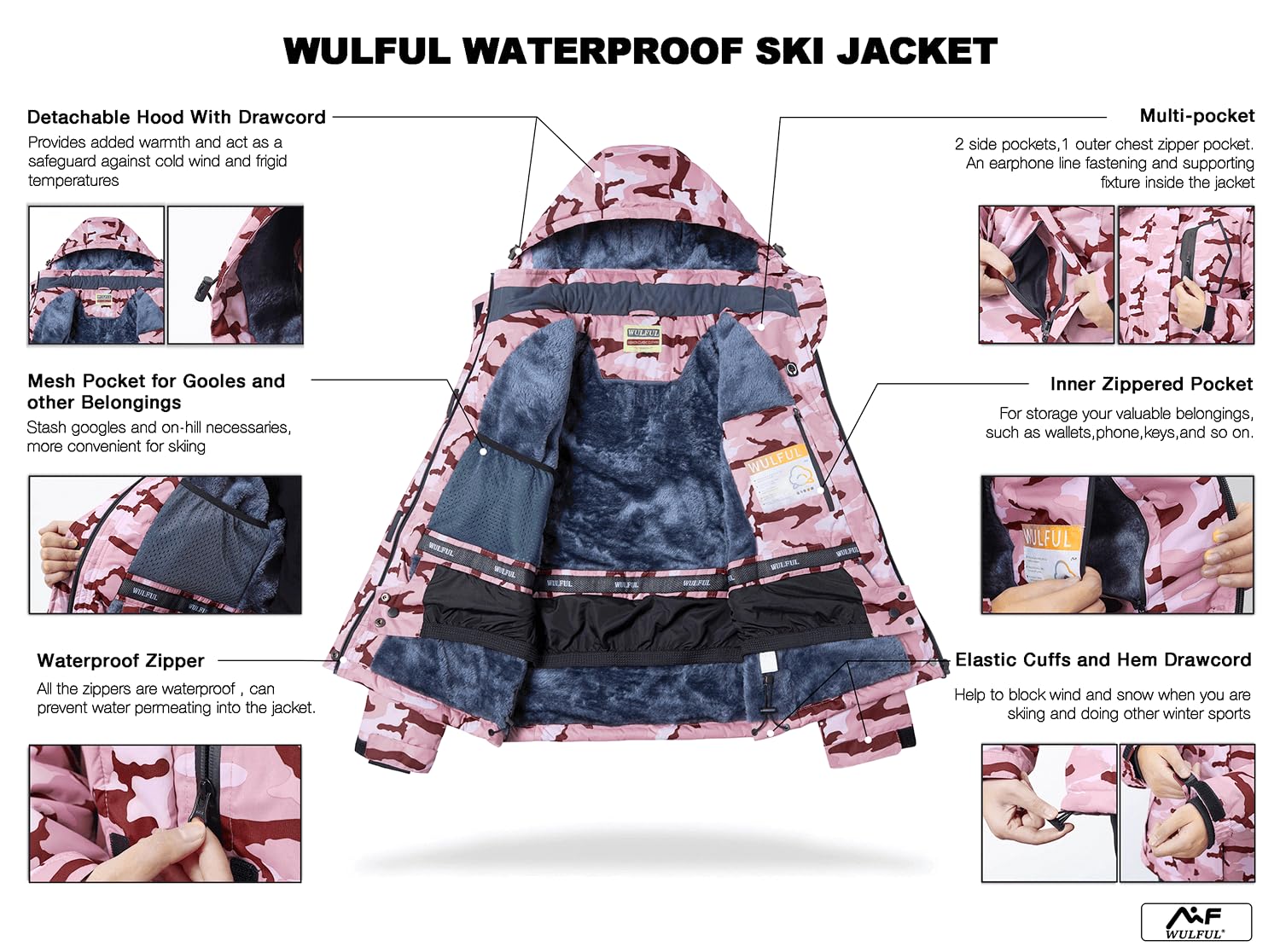 WULFUL Women’s Waterproof Snow Ski Jacket Mountain Windproof Winter Coat with Detachable Hood