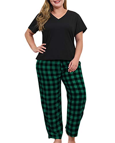 KAMONG Women Plus Size Pajamas Set Plaid Lounge Pants V-Neck Long/Short Sleeve Cotton T Shirt 2 Piece Sleepwear Green