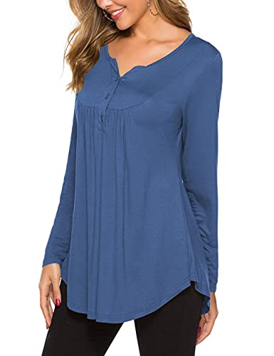 Halife Womens Long Sleeve Tops to Wear with Leggings Henley V Neck T Shirts Pleated Tunic Fall Blouse Blue L