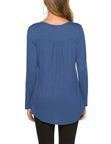 Halife Womens Long Sleeve Tops to Wear with Leggings Henley V Neck T Shirts Pleated Tunic Fall Blouse Blue L