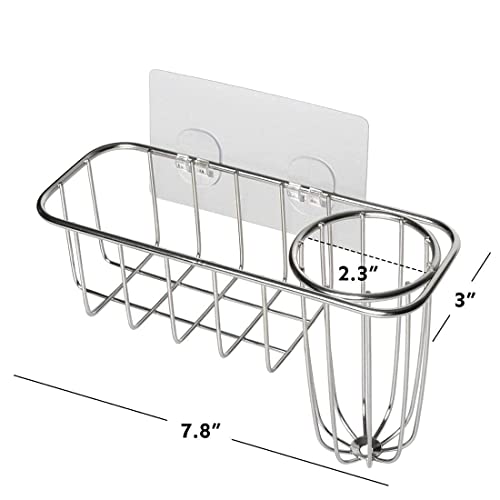HULISEN Sponge Holder + Dish Brush Holder, 3-in-1 Kitchen Sink Caddy, 18/8 Stainless Steel Rust Proof Water Proof, Adhesive Installation No Drilling 【Not Including Sponge and Brush】