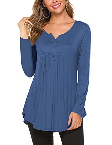 Halife Womens Long Sleeve Tops to Wear with Leggings Henley V Neck T Shirts Pleated Tunic Fall Blouse Blue L