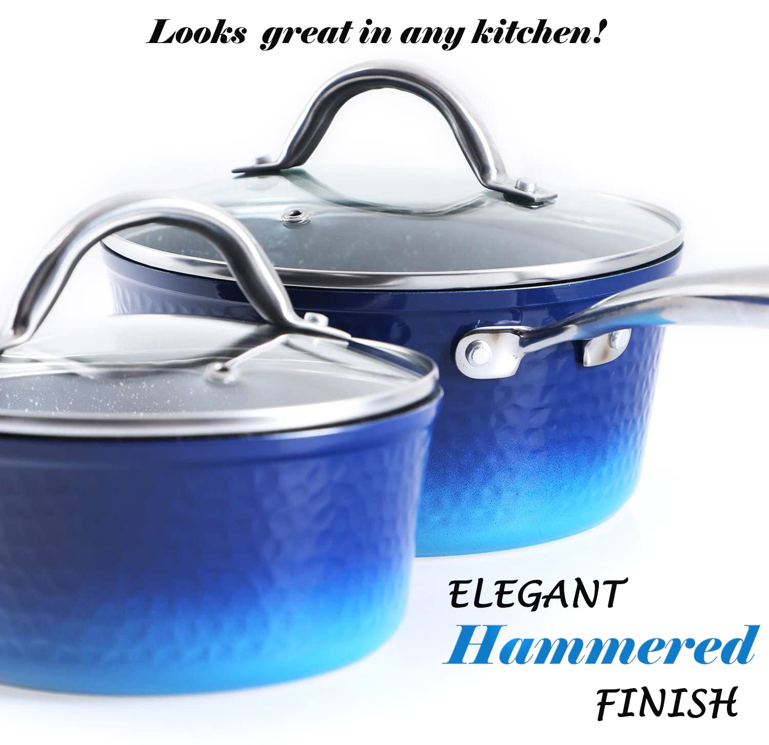 Kitchen Academy Pots and Pans Set Non Stick - 15 Pieces Blue Hammered Cookware Set, Granite Nonstick Coating Induction Compatible for All Stove PFOA&PFOS Free