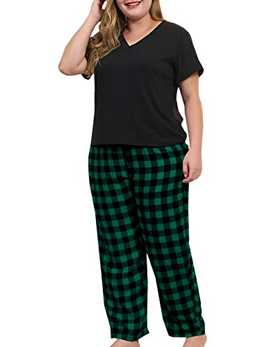 KAMONG Women Plus Size Pajamas Set Plaid Lounge Pants V-Neck Long/Short Sleeve Cotton T Shirt 2 Piece Sleepwear Green