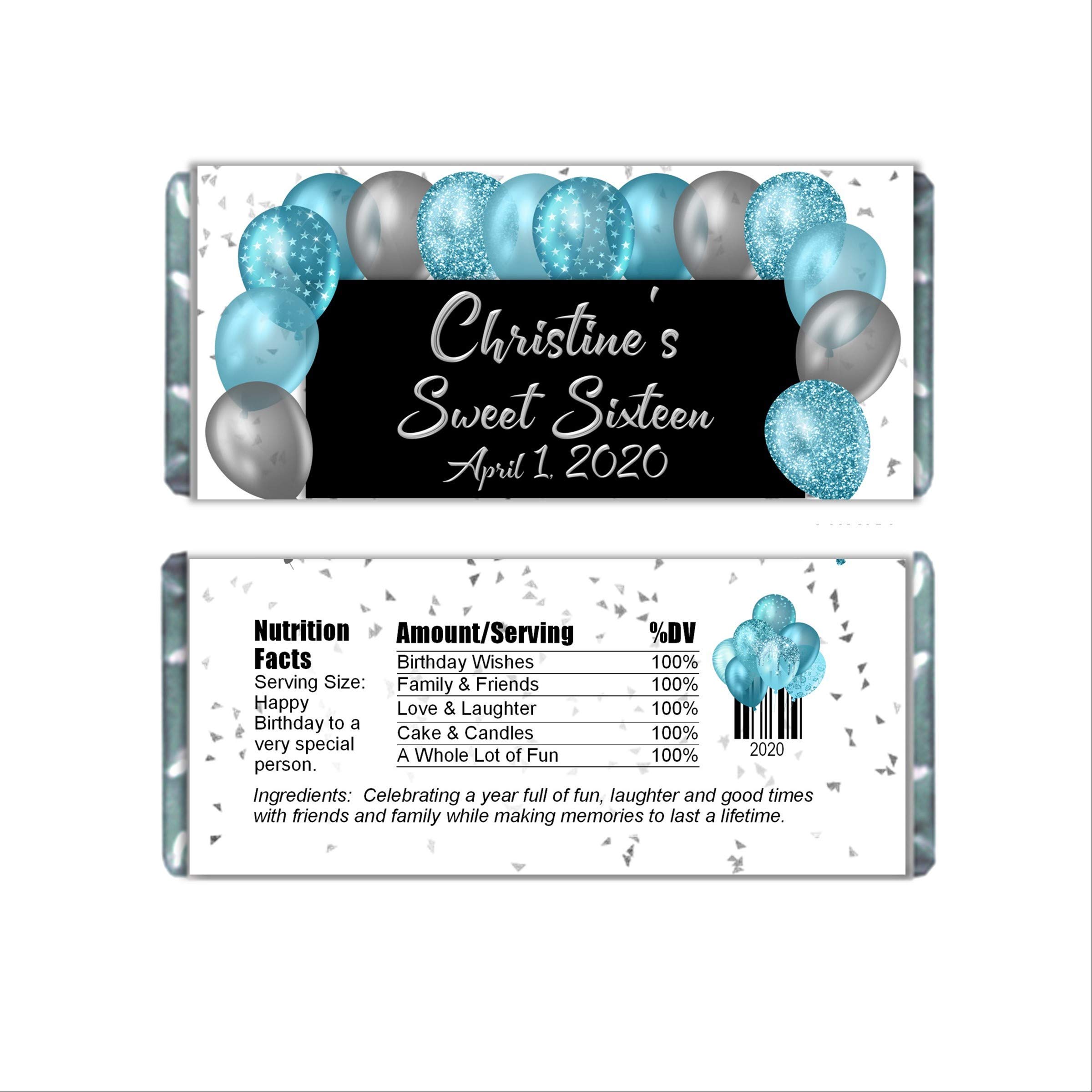 Personalized Candy Bar Wrappers, Balloon Design, Modern Birthday Party Favors, Chocolate Bar Labels for Baby Shower, Bridal Shower, Pack of 20 (Aqua)