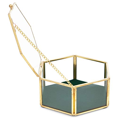 Juvale Velvet Glass Jewelry Box, Gold Hexagon Box for Trinkets (5 x 4.5 x 2.1 In)