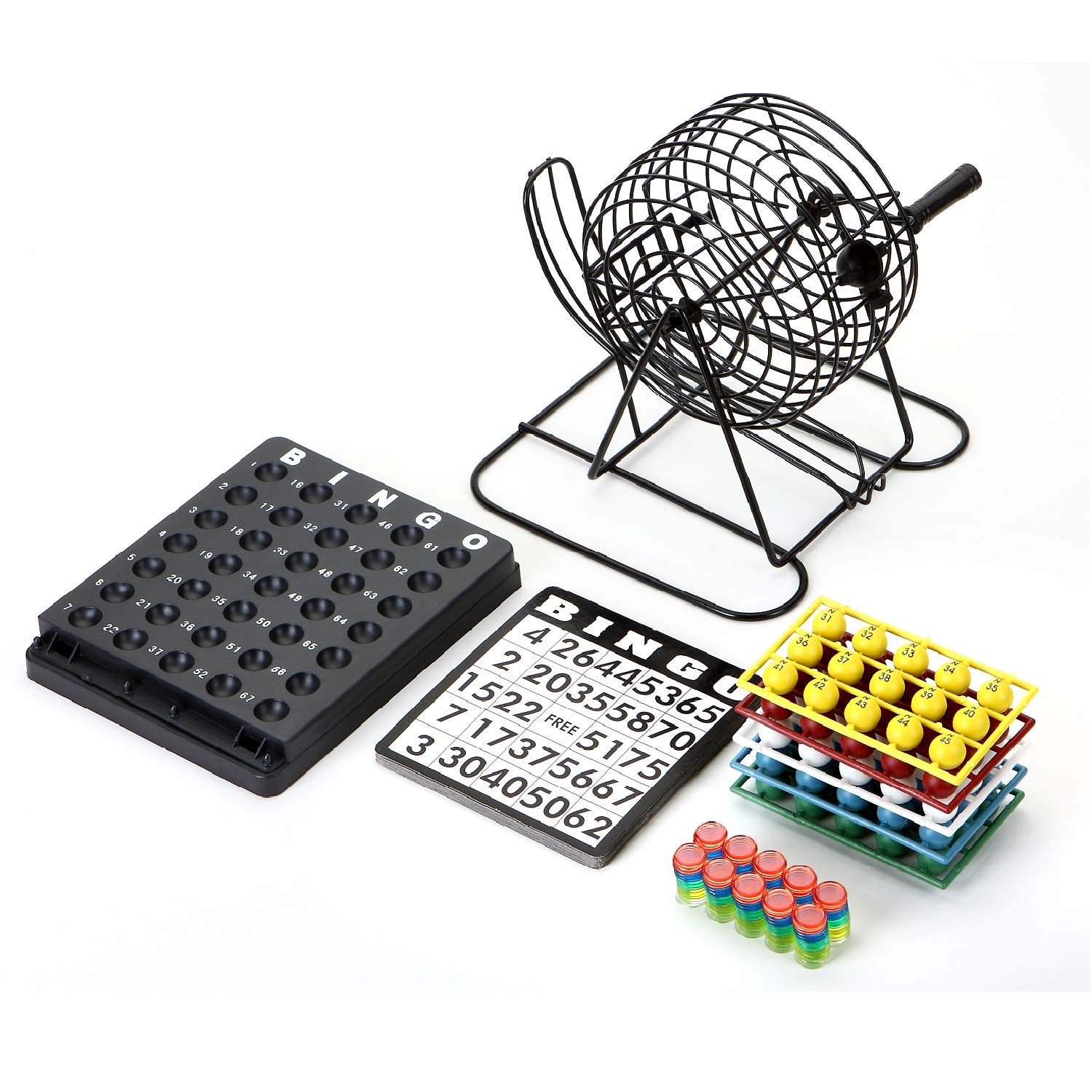 WIn SPORTS Bingo Game Set,8 Inch Metal Cage with Master Board,75 Multicolored Balls,150 Bingo Chips and 18 Bingo Cards, Ideal for Large Group Casino Game Set