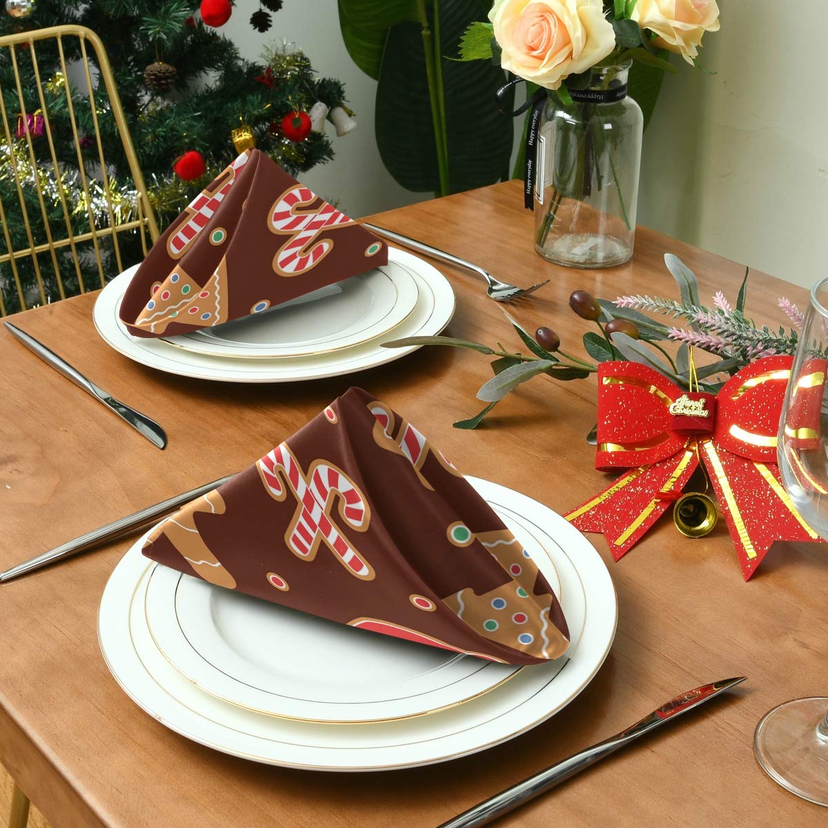 Aslsiy Gingerbread Man Cookies Cloth Napkins Set of 6 Candy Soft 20 x 20 Inch Dinner Table Napkins Comfortable Polyester Napkin for Kitchen Home Wedding Party Holiday Decor