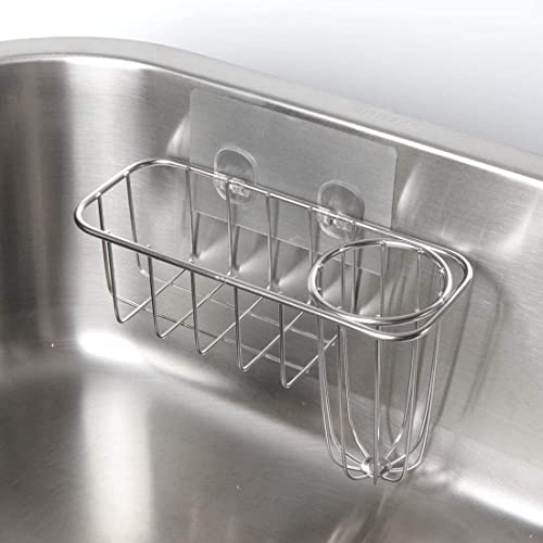 HULISEN Sponge Holder + Dish Brush Holder, 3-in-1 Kitchen Sink Caddy, 18/8 Stainless Steel Rust Proof Water Proof, Adhesive Installation No Drilling 【Not Including Sponge and Brush】