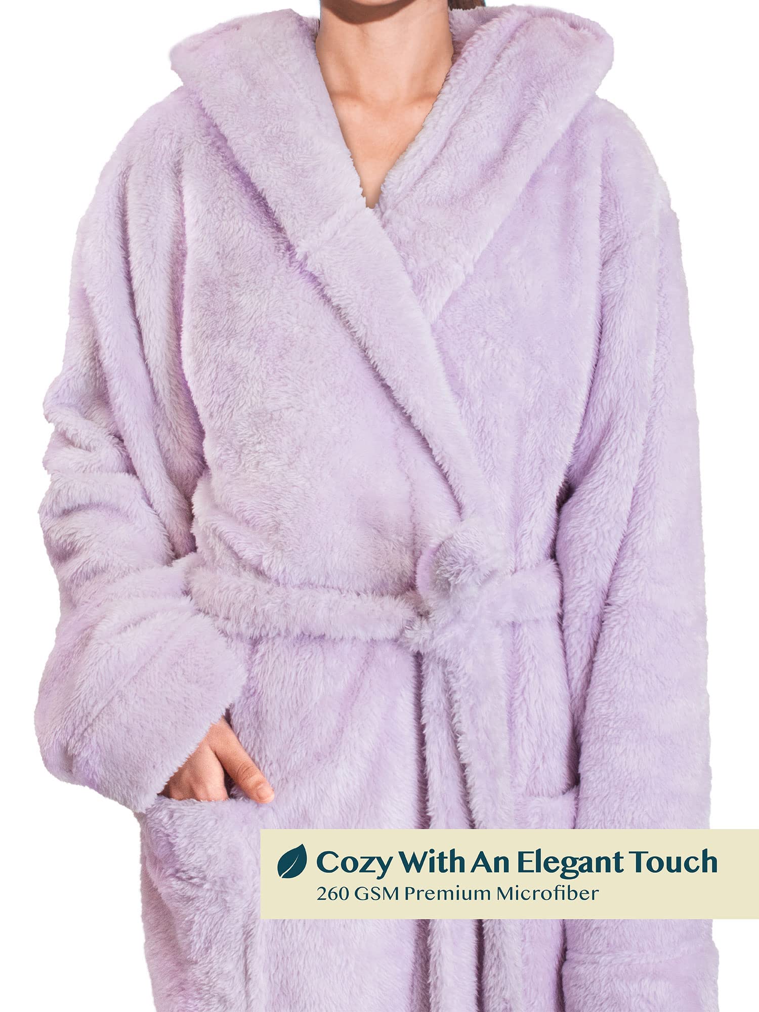 PAVILIA Women Hooded Plush Soft Robe | Fluffy Warm Fleece Sherpa Shaggy Bathrobe (S/M, Lavender Purple)