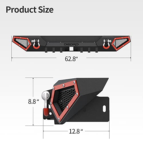 OEDRO Rear Bumper Compatible with 2018-2025 Jeep Wrangler JL & Unlimited JLU (2/4 Doors), Rock Crawler Full Width Bumper with Hitch Receiver & 2 x D-Rings