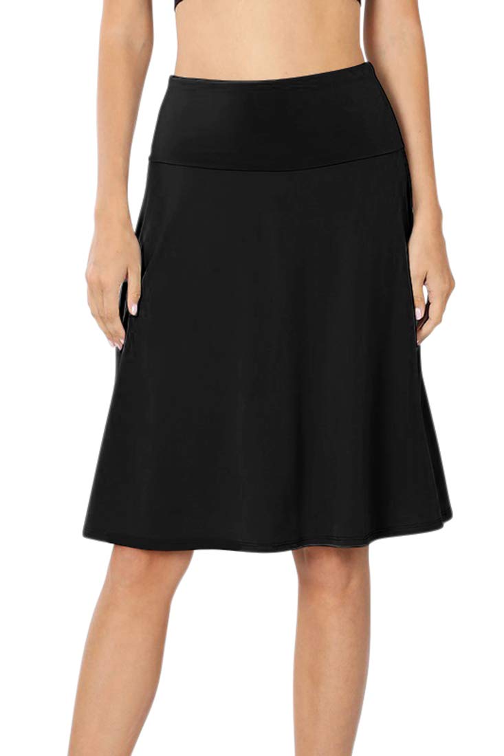 NioBe Clothing Women's High Waist Fold Over A-Line Flared Swing Skirt (X-Large, Black)