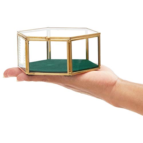 Juvale Velvet Glass Jewelry Box, Gold Hexagon Box for Trinkets (5 x 4.5 x 2.1 In)