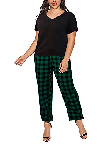 KAMONG Women Plus Size Pajamas Set Plaid Lounge Pants V-Neck Long/Short Sleeve Cotton T Shirt 2 Piece Sleepwear Green