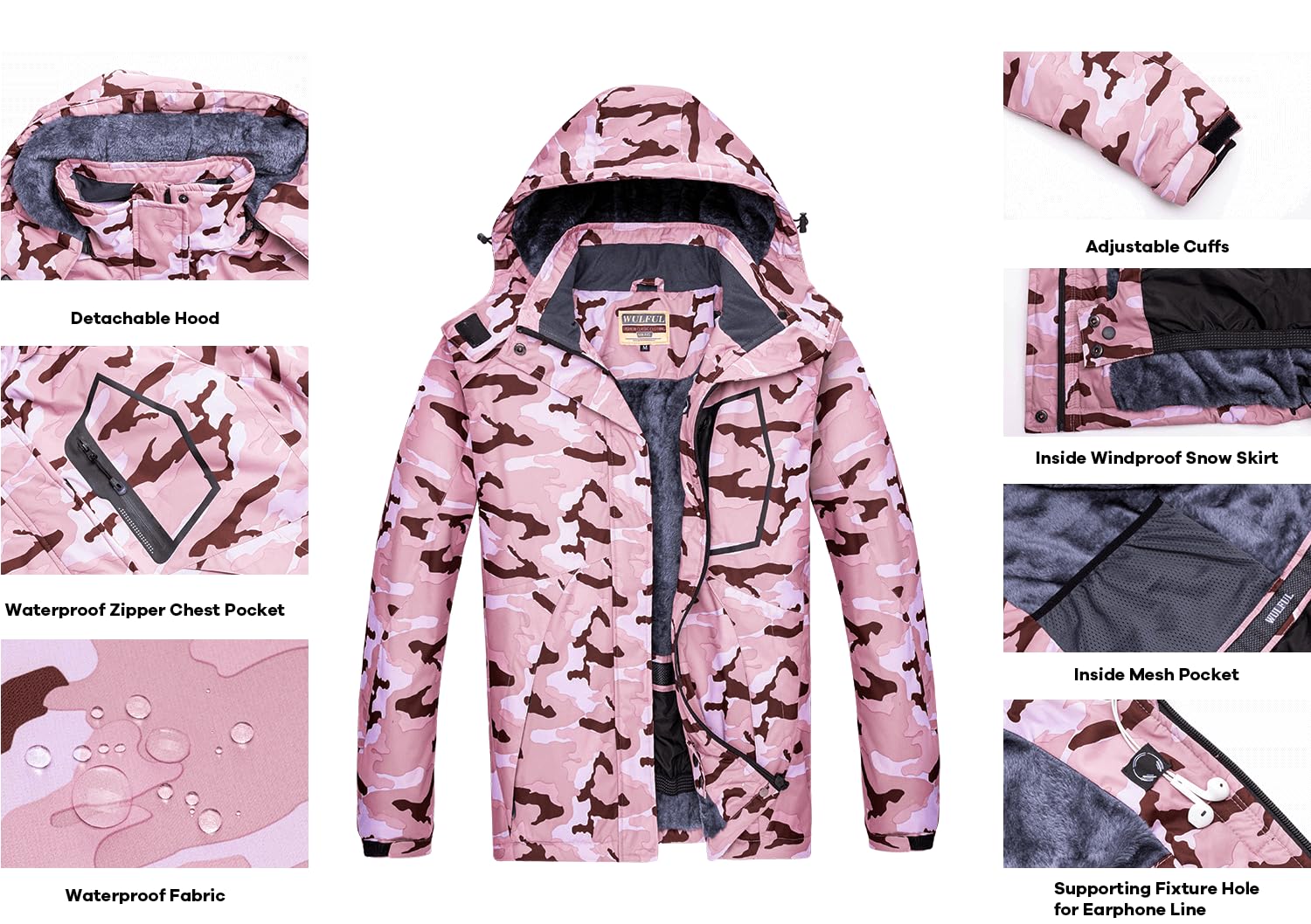 WULFUL Women’s Waterproof Snow Ski Jacket Mountain Windproof Winter Coat with Detachable Hood