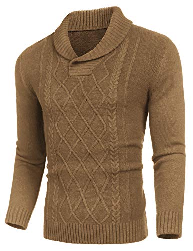 COOFANDY Men's Shawl Collar Sweaters V-Neck Cotton Relaxed Fit Cable Pullover (Khaki, XXX-Large)