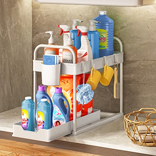 2-Tier Under Sink Organizer, PXRACK Sliding Under Bathroom Cabinet Storage Drawer Basket Organizer Rack with Hooks, Hanging Cup, Handles, Under Sink Shelf Organizer for Bathroom, Kitchen