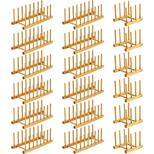Zopeal 18 Pcs Bamboo Wooden Plate Racks Dish Rack Stand Holder 3/ 6/ 7 Slots Drainboard Drying Drainer Kitchen Cabinet Organizer for Dish Plate Bowl Cup Pot Lid Book