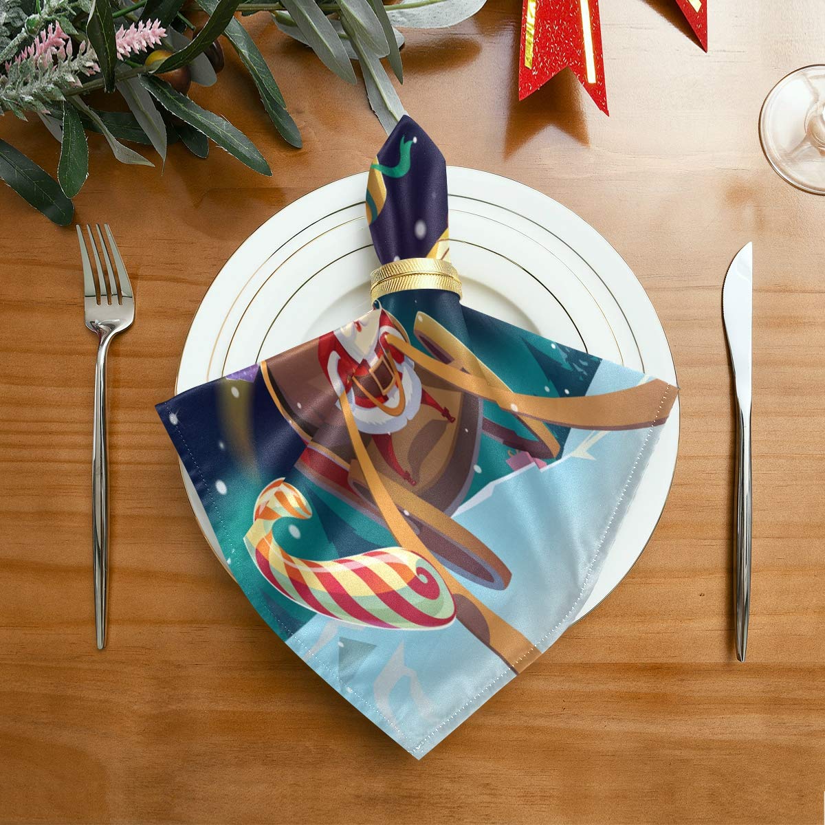 Aslsiy Christmas Santa Presents Sleigh Cloth Napkins Set of 6 Winter Forest Soft 20 x 20 Inch Dinner Table Napkins Comfortable Polyester Napkin for Kitchen Home Wedding Party Holiday Decor
