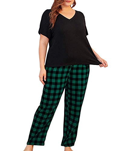 KAMONG Women Plus Size Pajamas Set Plaid Lounge Pants V-Neck Long/Short Sleeve Cotton T Shirt 2 Piece Sleepwear Green