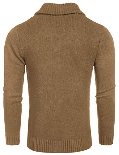 COOFANDY Men's Shawl Collar Sweaters V-Neck Cotton Relaxed Fit Cable Pullover (Khaki, XXX-Large)