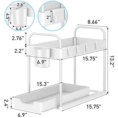 2-Tier Under Sink Organizer, PXRACK Sliding Under Bathroom Cabinet Storage Drawer Basket Organizer Rack with Hooks, Hanging Cup, Handles, Under Sink Shelf Organizer for Bathroom, Kitchen
